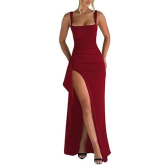 Generic Robe de soir&eacute;e pour femme - Robe longue tendance et sexy - Robe porte-jarretelles dos nu - Robe fendue - Belle robe d&eacute;t&eacute; - Longueur genou, rouge, XS