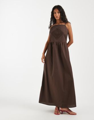 Object Midi-Tr&auml;gerkleid aus Popeline in Schokobraun mit geh&auml;keltem Aufn&auml;her
