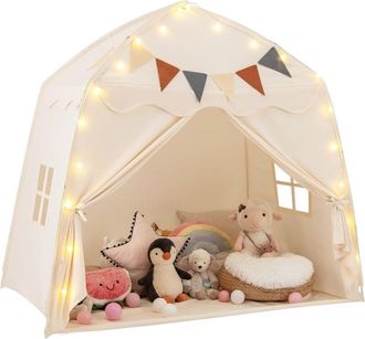 Costway Costway - Tente de Jeux Enfant avec Guirlandes Lumineuses & Drapeaux, Cabane Enfant Interieure avec Fen&ecirc;tres & Tissu Lavable, Style Princesse pour 3
