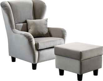 Lifestyle4Living Ohrensessel mit Hocker in grauem Samt bezogen | Der perfekte Polstersessel für entspannte, Lange Fernseh- und Leseabende. Abschalten und genießen