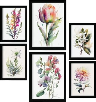 Nacnic Wilde Blumen Postern. Vollfarbige Natur- und Botanikdrucke mit Blumenmotiven auf reinwei&szlig;en Hintergr&uuml;nden. Innenarchitektur und Dekoration. A4 & A3 Sc