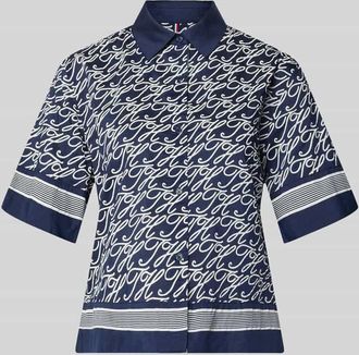 Tommy Hilfiger Loose Fit Kurzarmbluse aus Baumwoll-Seiden-Mix Modell TH SCRIPT PREPPY NAVY