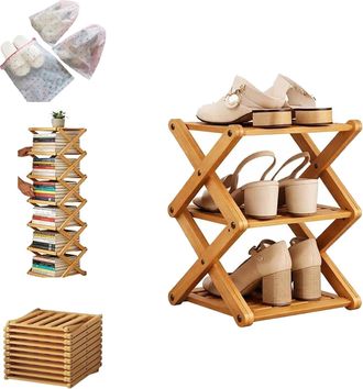 Generic 9-St&ouml;ckiges Bambusregal, 9-St&ouml;ckiges Bambusregal Ohne Montage, Faltbarer Platzsparender Schuhorganizer, Vertikale Schlanke Schuhaufbewahrung Mit 2-10 