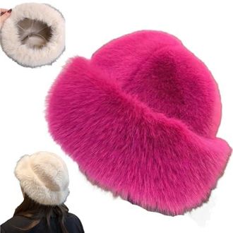 Generic Womens Winter Faux Fur Bucket Hat,Fluffy Furry Warm Hat,Soft Plush Fisherman Cap,Cozy Thickened Mongolian Hats for Outdoor (Rose Red)