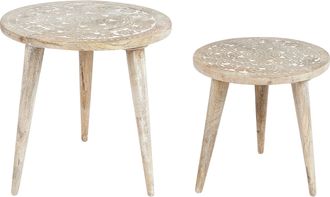 Beliani Beistelltisch 2er Set Mango Holz Hellbraun/weiß rund dreibeinig verziert Uday