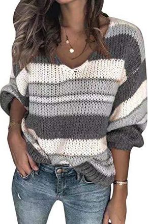Onsoyours Femme Pull en Tricot Col V Elégant Pullover Rayures Léger Manches Longues Pull Tricoté Chaud Hauts Top Chandail Sweater Automne Hiver Casual Gris 38