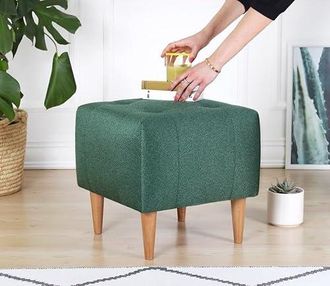 Atelier Del Sofa Bohemian Pouffe with Wooden Legs, Green Velvet & Cotton, 43 x 43 x 43 cm | 6 cm Orthopedic Sponge for Comfort | Stylish Accent for Home & Hotel Decor