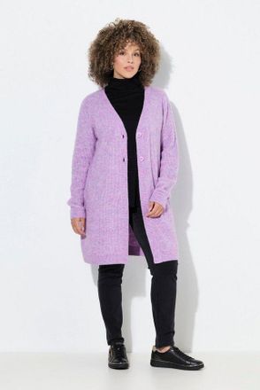 Ulla Popken Strickjacke Long-Strickjacke Rippstrick V-Ausschnitt Langarm