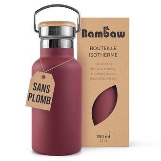 Bambaw Gourde Isotherme 350ml, Thermos Rouge, Gourde Inox 350ml, Gourde Sans BPA, Gourde R&eacute;utilisable, Gourde Isotherme Inox 350ml - Rouge Cerise