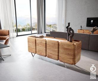 DELIFE Sideboard Kiano 175 cm Akazie Natur 4 T&uuml;ren V-Fu&szlig; Edelstahl Raumteiler, Sideboards