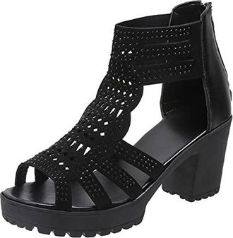 Generic Sandales &agrave; talon carr&eacute; pour femme - Sandales &agrave; bride d&eacute;coup&eacute;e - Bout ouvert - Avec fermeture &eacute;clair - Chaussures de marche confortables - Cadeau pour 