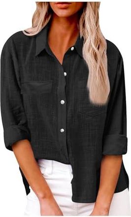 Generic Chemise en lin &agrave; manches longues pour femme 2026 tendance en coton et lin avec col en V, t-shirt ample d&eacute;contract&eacute; pour sortir, v&ecirc;tements avec poches,