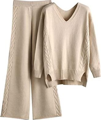 Generic Combinaison En Tricot Pour Femme Manche Longue 2 Pi&egrave;ces Ensemble De Salon Automne Hiver Chaud Ensemble Chemise Pantalon D&eacute;contract&eacute; Chic Et Elegant Fe