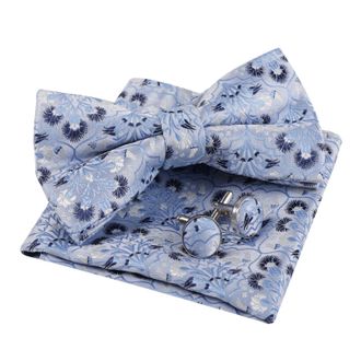 Alizeal Vorgebundene Fliege, Einstecktuch und Manschettenknöpfe für Herren, Blumenmuster, für Hochzeit, Party, Business, 3-teiliges Set, 052-Hellblau + Marine