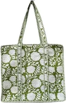 Generic Grand sac fourre-tout r&eacute;versible en coton matelass&eacute; imprim&eacute; &agrave; la main Motif floral Multicolore (coton, vert, floral), vert, Large