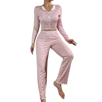 Generic Pyjama &agrave; manches longues pour femme, v&ecirc;tement de nuit doux et confortable, t-shirt &agrave; manches courtes et pantalon &agrave; taille &eacute;lastique, l&eacute;ger, respirant,