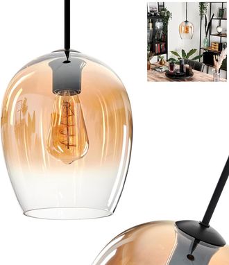 HOFSTEIN H&auml;ngeleuchte Vevino, H&auml;ngelampe aus Metall/Glas in Schwarz/Bernsteinfarben/Klar, Leuchte im Vintage/Retro Design mit Schirm aus Glas (&Oslash; 20 cm), H&ouml;he m
