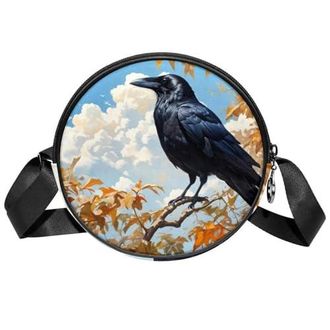 Generic Sac &agrave; bandouli&egrave;re rond pour femme, petit sac &agrave; bandouli&egrave;re avec fermeture &eacute;clair, bretelles r&eacute;glables, style d&eacute;contract&eacute;, motif corbeau