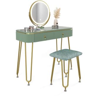 Vicco Coiffeuse Grace, Vert, 100 cm avec &eacute;clairage led et tabouret