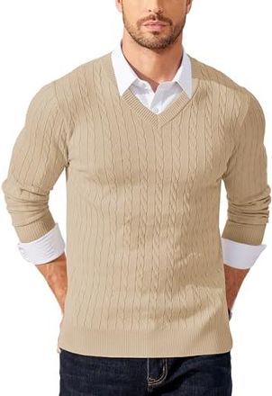 Coofandy Hommes Pull Col V Manches Longues Tricot Fin Motif Torsadé Pull dhiver Chandail Kaki XXL