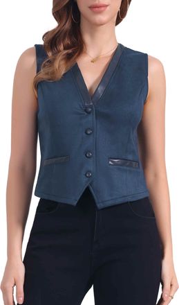 Allegra K Damen Elegant Kunstwildleder Anzugweste mit V-Ausschnitt Knopfleiste Vintage &Auml;rmellos Freizeit Weste Dunkelblau XL