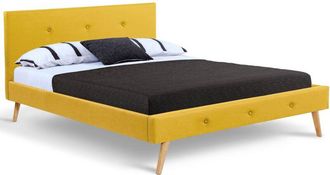 IDMarket Skandinavisches Doppelbett oslo mit Kopfteil und Bettkasten 140 x 190 cm senfgelber Stoff