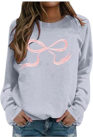 Generic 2025 Sweat-shirt &agrave; col rond pour femme Motif noeud mignon Pull &agrave; manches longues Pull avec noeud Haut dautomne pour femme, gris, S