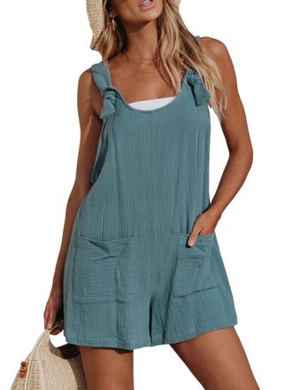 Cupshe Damen Jumpsuit U-Ausschnitt Ärmellos Strampler Weites Bein Taschen Vorne Kurz Overall Sommer Strand Lose Hosenanzug Blau XL