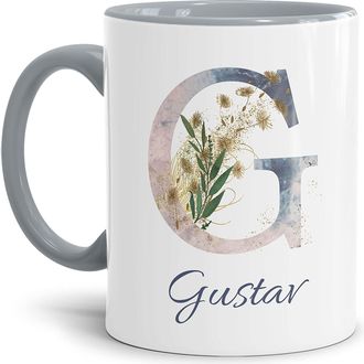 Tassendruck Tasse mit Buchstabe G und Blumen - mit Name personalisiert - Initiale, Namens-Tasse, Buchstaben Tasse, Geschenk I Keramik Innen & Henkel Grau, 300 ml