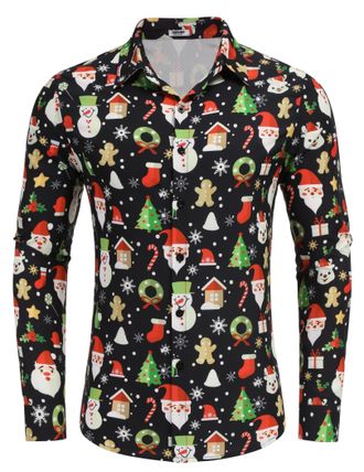 Coofandy Herren Weihnachts Hemd Lustige Gedruckte Weihnachtshemden Funky Christmas Print Hemd Xmas Hemden Langarmhemd Weihnachtsmotiv Bunt Hemden Weihnachten S