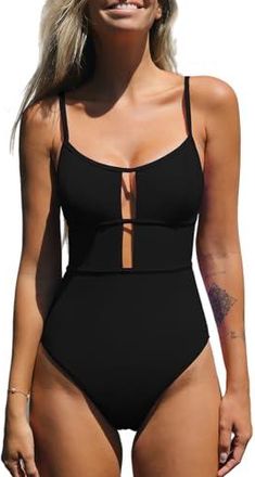 Cupshe Maillot de bain une pièce pour femme avec encolure dégagée, bretelles réglables, découpe dans le dos, maillot de bain à nouer soi-même, noir, Taille X