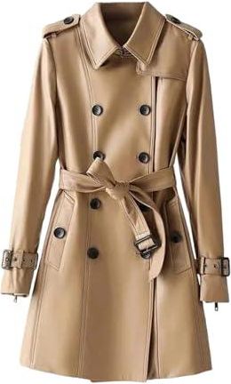 Generic Veste en cuir pour femme - Automne Hiver Noir Double Boutonnage Classique Slim Ceinture Mouton Long Trench Coat, kaki, M