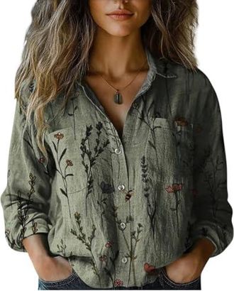 Minetom Chemisier Femme Vintage Boho Blouse Shirts Tops Décontracté Manches Longues Imprimé Tunique Hauts avec Boutons A Vert 1 L