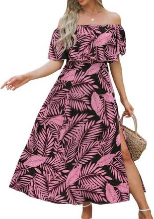 Cupshe Robe d&eacute;t&eacute; pour Femme &eacute;paules d&eacute;nud&eacute;es Manches Courtes &Eacute;bouriff&eacute; Tropical Robes Longues
