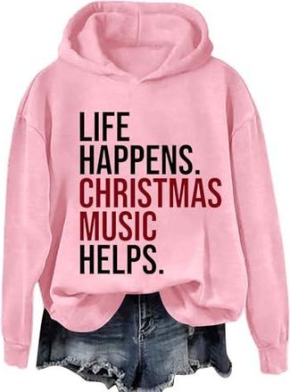 Generic Sweat à capuche de Noël pour femme - Col rond décontracté - Avec lettres imprimées - Pour lhiver et Noël - Cadeau de Noël quotidien, rose, S