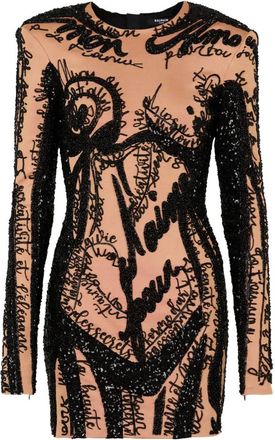 Balmain Femme, Robes, Beige, Taille: 44 FR Robe courte brod&eacute;e &agrave; motif trompe-loeil Corps