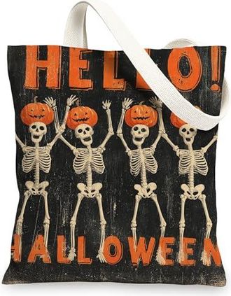 Generic Sacs fourre-tout en toile squelette dHalloween, design vintage effrayant, sacs dépicerie réutilisables, légers et lavables avec bandoulière, noir, 13x