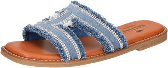 Mustang Jeans Pantolette MUSTANG SHOES, Damen, Gr. 38, blau (jeansblau), Textil, Schuhe Pantolette, Flats, Sandale im Jeans-Look mit Strass-Steinchen verziert