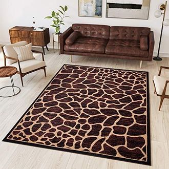 Tapiso Atlas Tapis Poils Ras Moderne Marron Beige Noir Motif Animalier Tapis Girafe Bordure Tapis Salon Chambre Adulte Salle &agrave; Manger Bureau Oeko-TEX R&eacute;sista