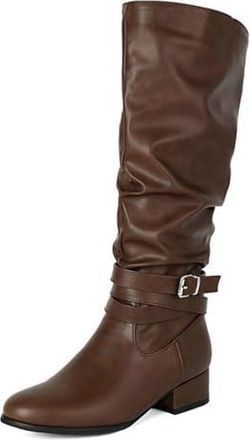 Generic Bottes d&eacute;quitation montantes pour femme avec sangle &agrave; boucle, fermeture &eacute;clair lat&eacute;rale, bout rond, talons bas, chaussures de moto souples, marron, 40