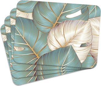 MG Design Set aus 4 Kork-Platzsets - Golden Monstera - 30 x 40 cm - hitzebest&auml;ndig & abwischbar, mit Korkr&uuml;ckseite