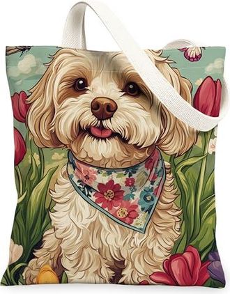 Generic Sac fourre-tout en toile motif cavachon printanier pour le shopping, 33 x 38,1 cm, sac &agrave; bandouli&egrave;re r&eacute;utilisable pour femme, peinture danimaux domest
