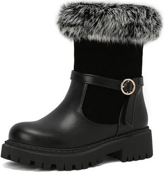 Generic Bottes de neige thermiques pour femme en fausse fourrure &agrave; bout rond et talons &eacute;pais, Noir, 39.5 EU