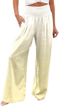 Generic Pantalon en coton et lin pour femme - Jambe large - Pantalon de plage d&eacute;t&eacute; confortable - Pantalon de yoga Palazzo - XIYU26093, jaune clair, XXL