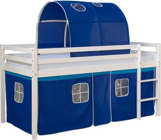 Homestyle4u Kinderbett weiß 90 x 200 cm Holz Stockbett Hochbett mit Vorhang und Tunnel blau