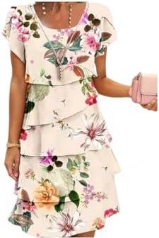 Generic Robe Cascade à imprimé Floral Multi-Plantes, Robe Florale pour Femme, Robes décontractée (Beige,Grand)