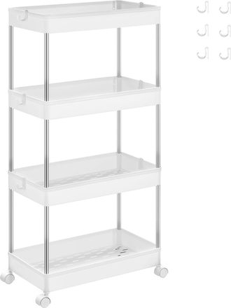 Songmics Rollwagen, K&uuml;chenwagen, K&uuml;chenregal, Nischenregal, mit 6 Haken, 360&deg; drehbare R&auml;der, Stahlgestell, Bad, K&uuml;che, B&uuml;ro, 4 Ebenen, wei&szlig; KSC10WT