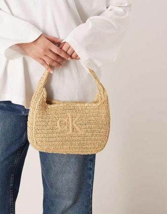 Calvin Klein Jeans - Petit sac port&eacute; &eacute;paule en raphia &agrave; logo - Naturel-Neutre