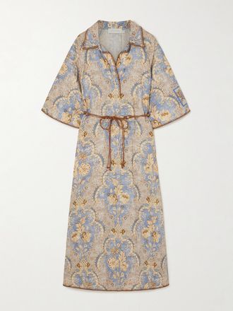 Zimmermann Robe Midi En Lin Imprimé À Ceinture Daylight - Bleu