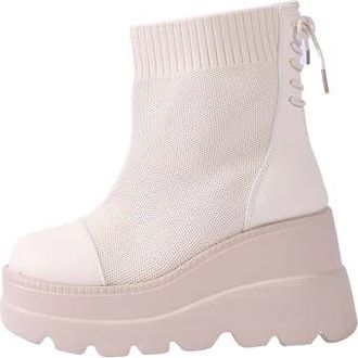 Generic Bottines compens&eacute;es en tricot extensible &agrave; bout rond pour femme - Couleur unie - Semelle &eacute;paisse - &Agrave; lacets - Classique - Pour f&ecirc;te en plein air, blan